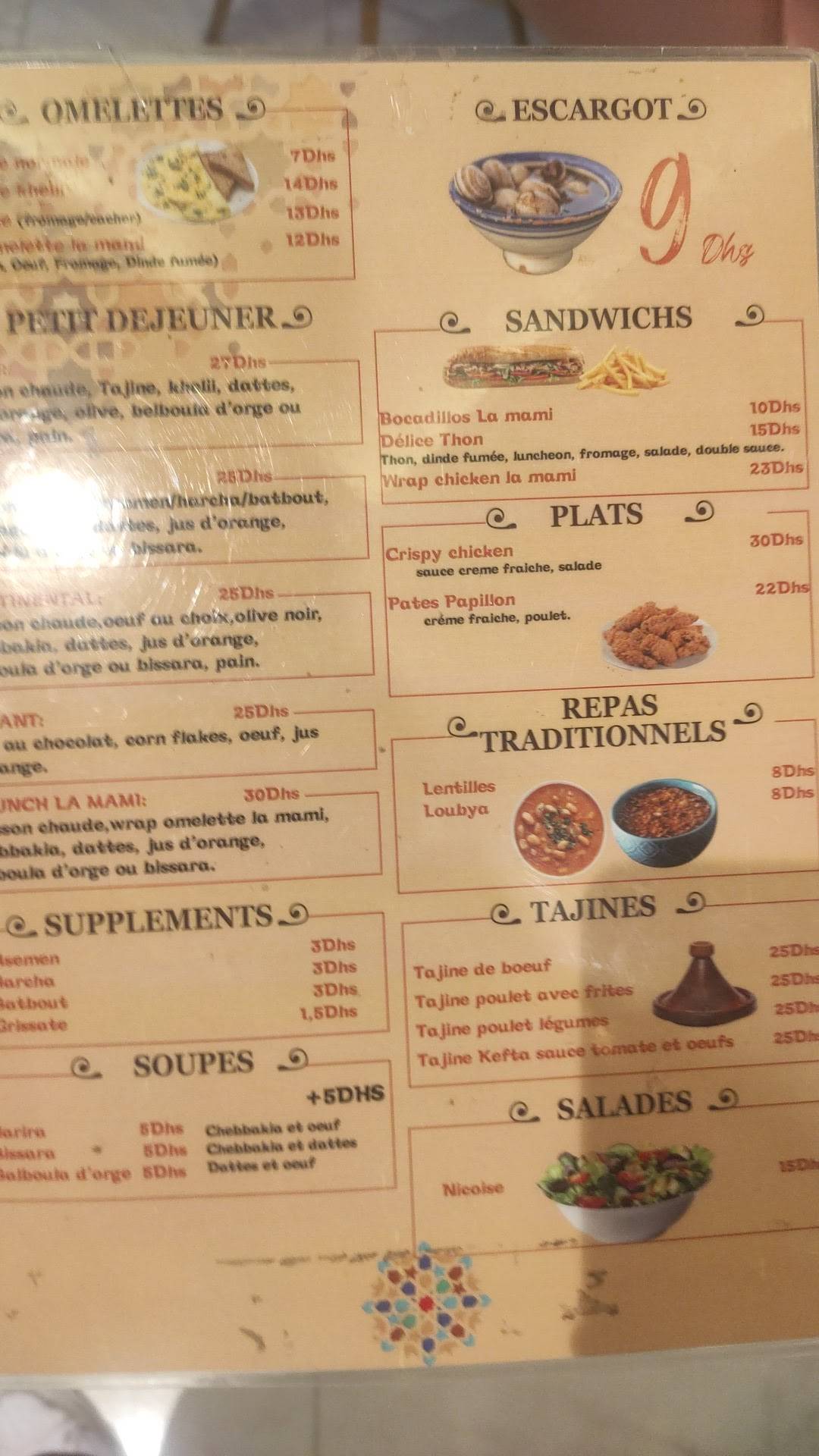 Menu au MAMI FOOD restaurant, Marrakech