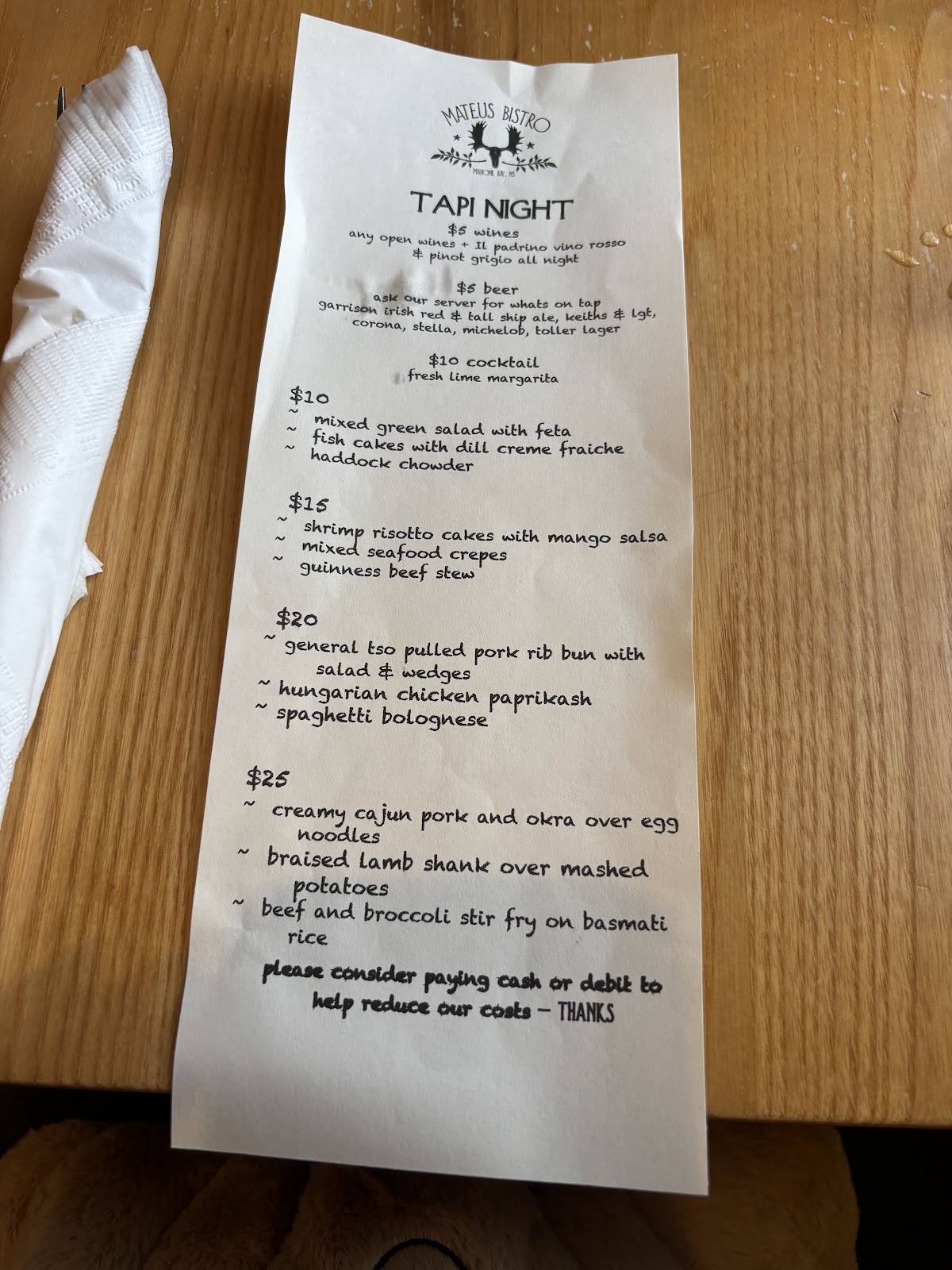 Menu at MATEUS BISTRO restaurant, Mahone Bay