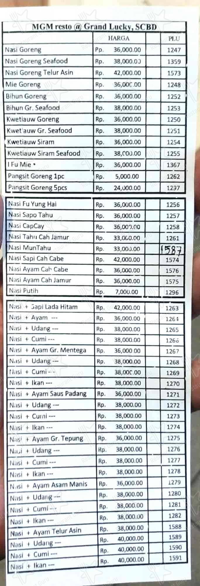 Carta de MGM Resto, Yakarta, Grand Lucky Superstore