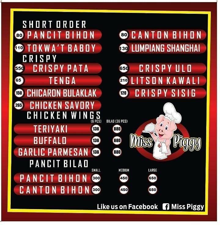 Menu at MISS PIGGY FOOD (CRISPY, WINGS & PANCIT) restaurant, Quezon City