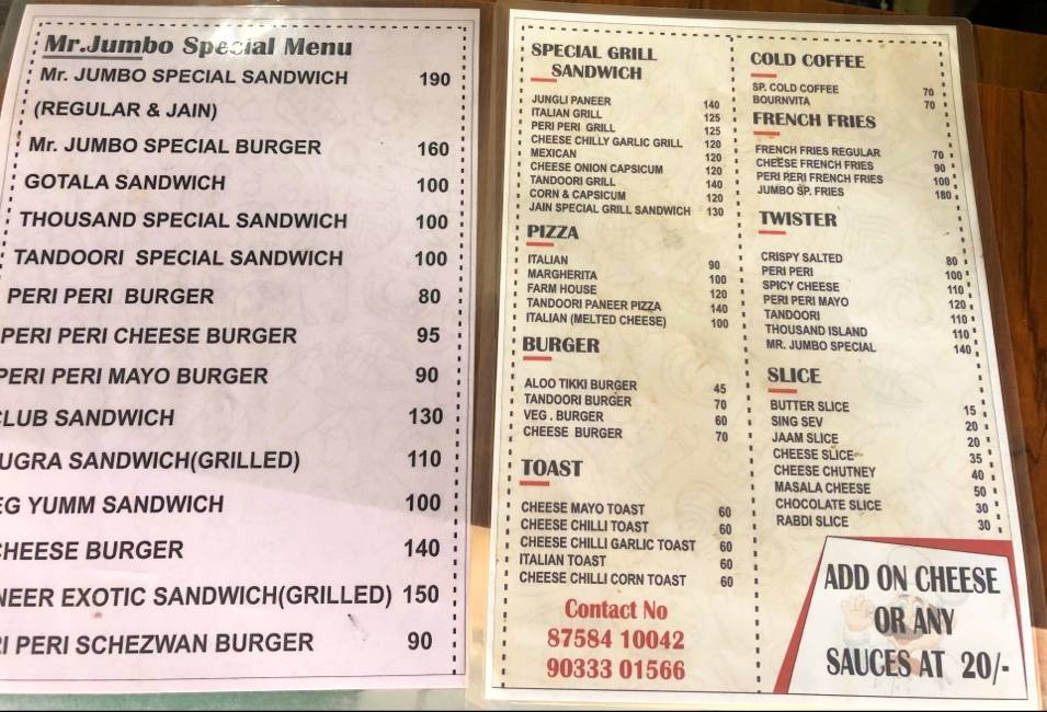 Menu at MR JUMBO, Ahmedabad