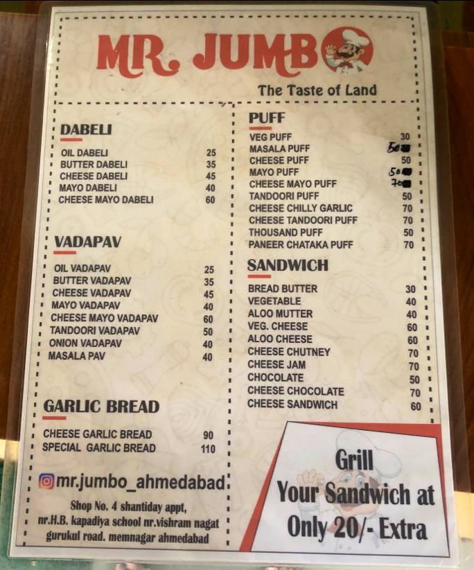 Menu at MR JUMBO, Ahmedabad
