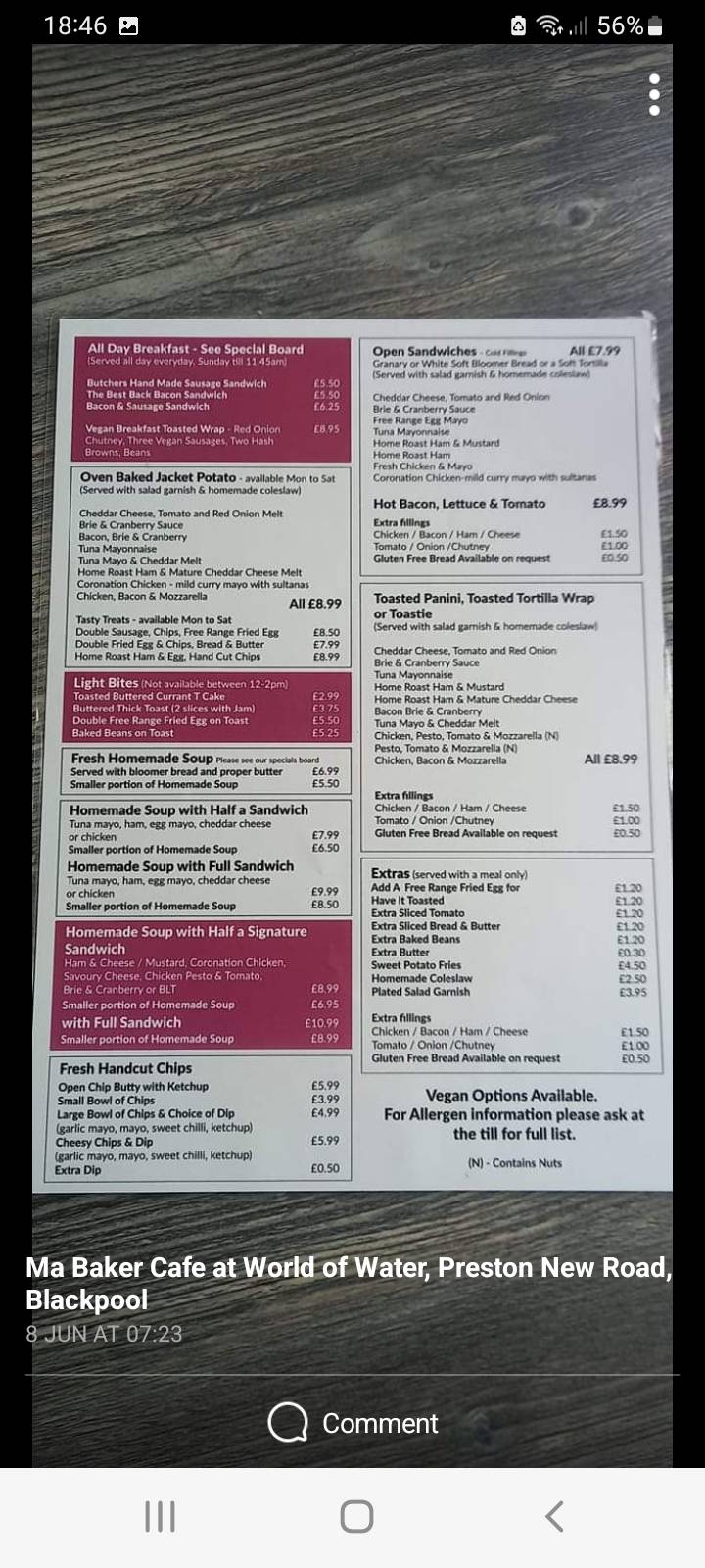 Menu at Ma Bakers Cafe @ World of Water, Ribby-with-Wrea