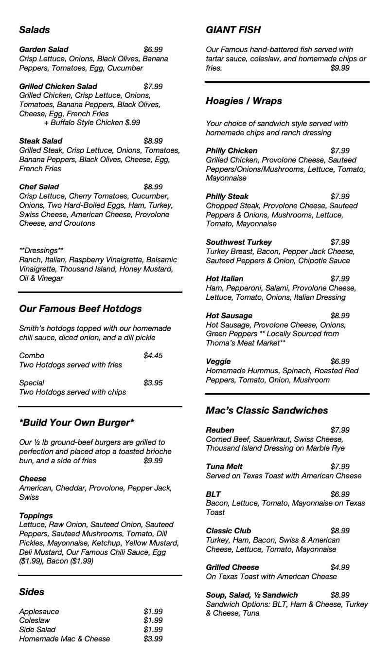 Menu at Mac's Route 8 Cafe, Butler