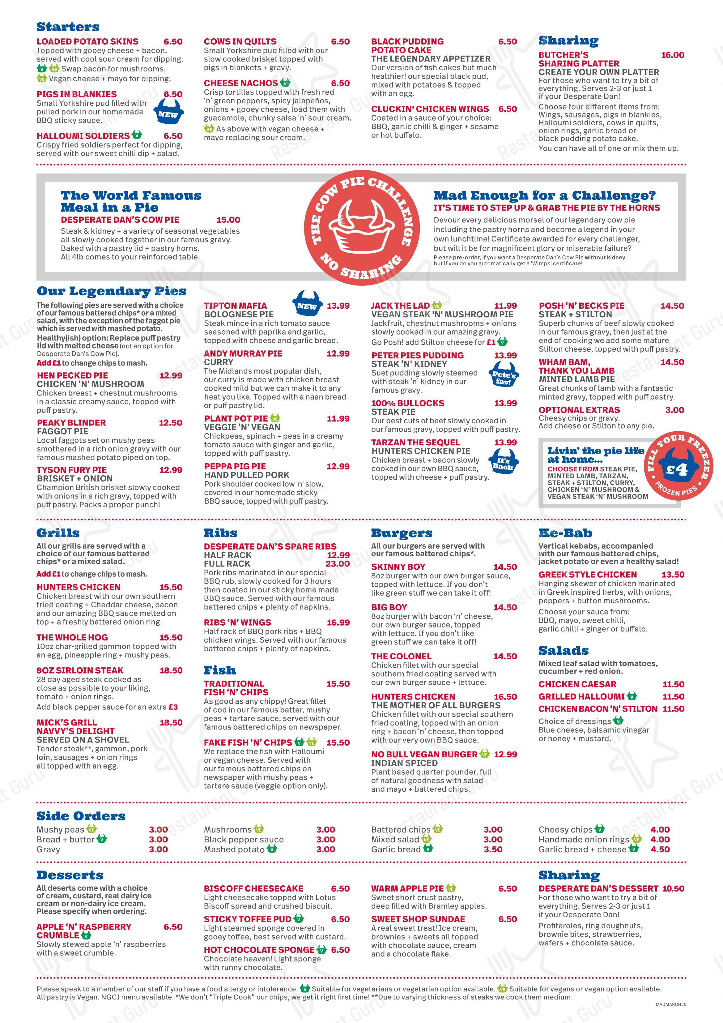 Menu at Mad O'Rourke's Pie Factory pub & bar, Tipton