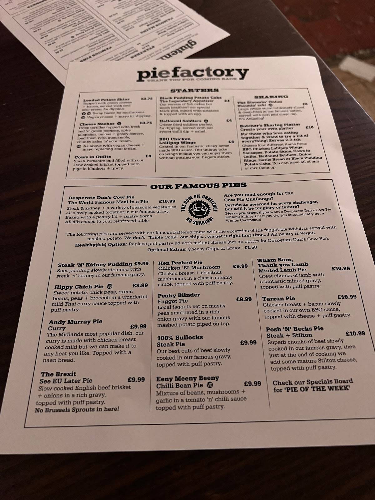 Menu at Mad O'Rourke's Pie Factory pub & bar, Tipton