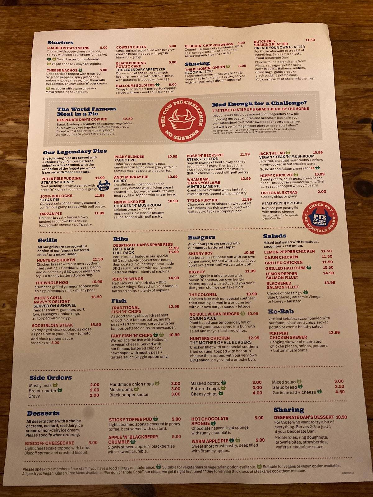 Menu at Mad O'Rourke's Pie Factory pub & bar, Tipton