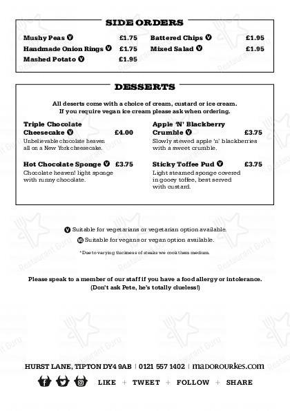 Menu at Mad O'Rourke's Pie Factory pub & bar, Tipton