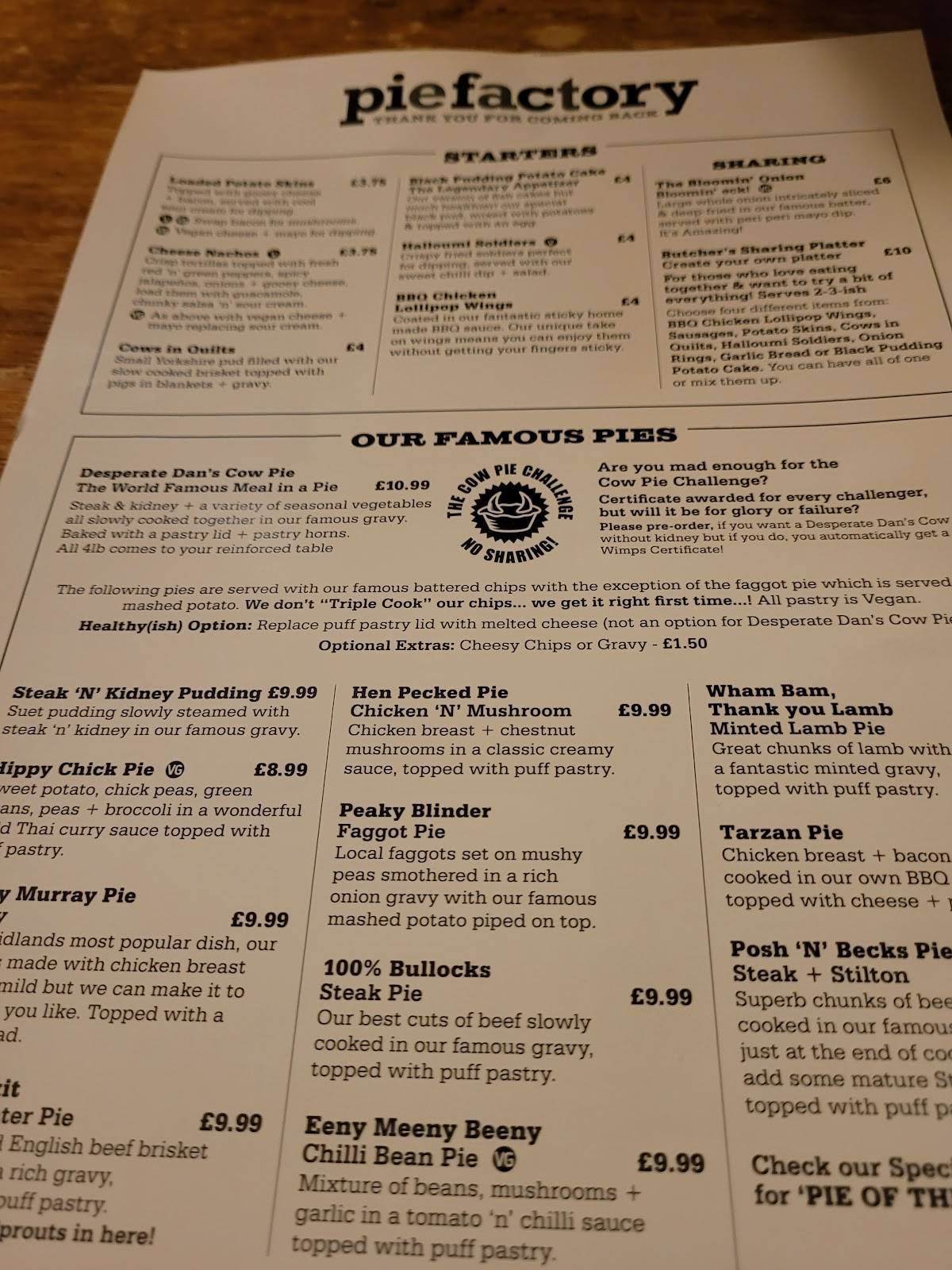Menu at Mad O'Rourke's Pie Factory pub & bar, Tipton