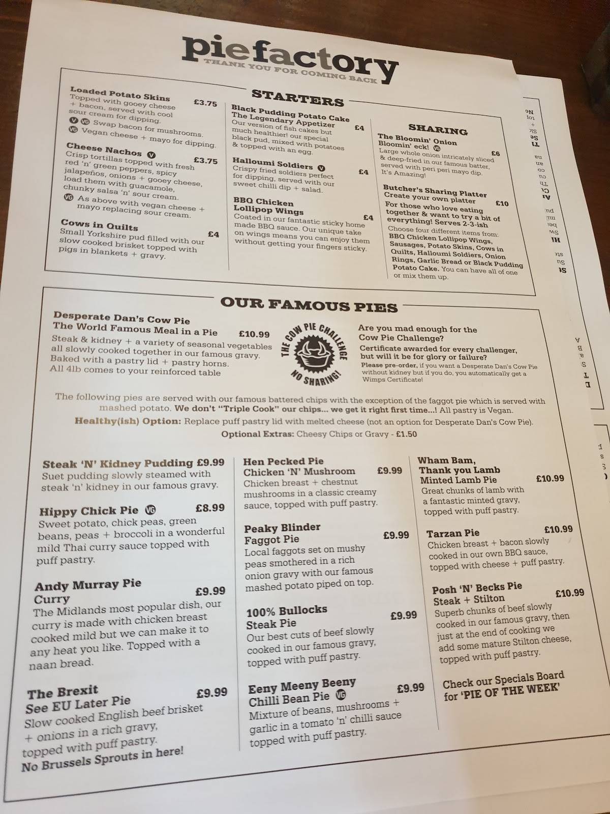 Menu at Mad O'Rourke's Pie Factory pub & bar, Tipton