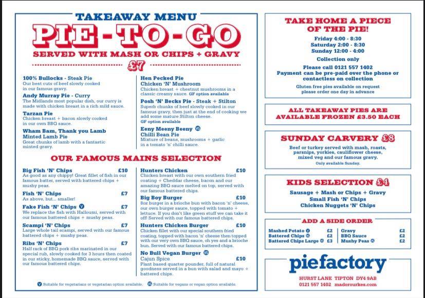 Menu at Mad O'Rourke's Pie Factory pub & bar, Tipton
