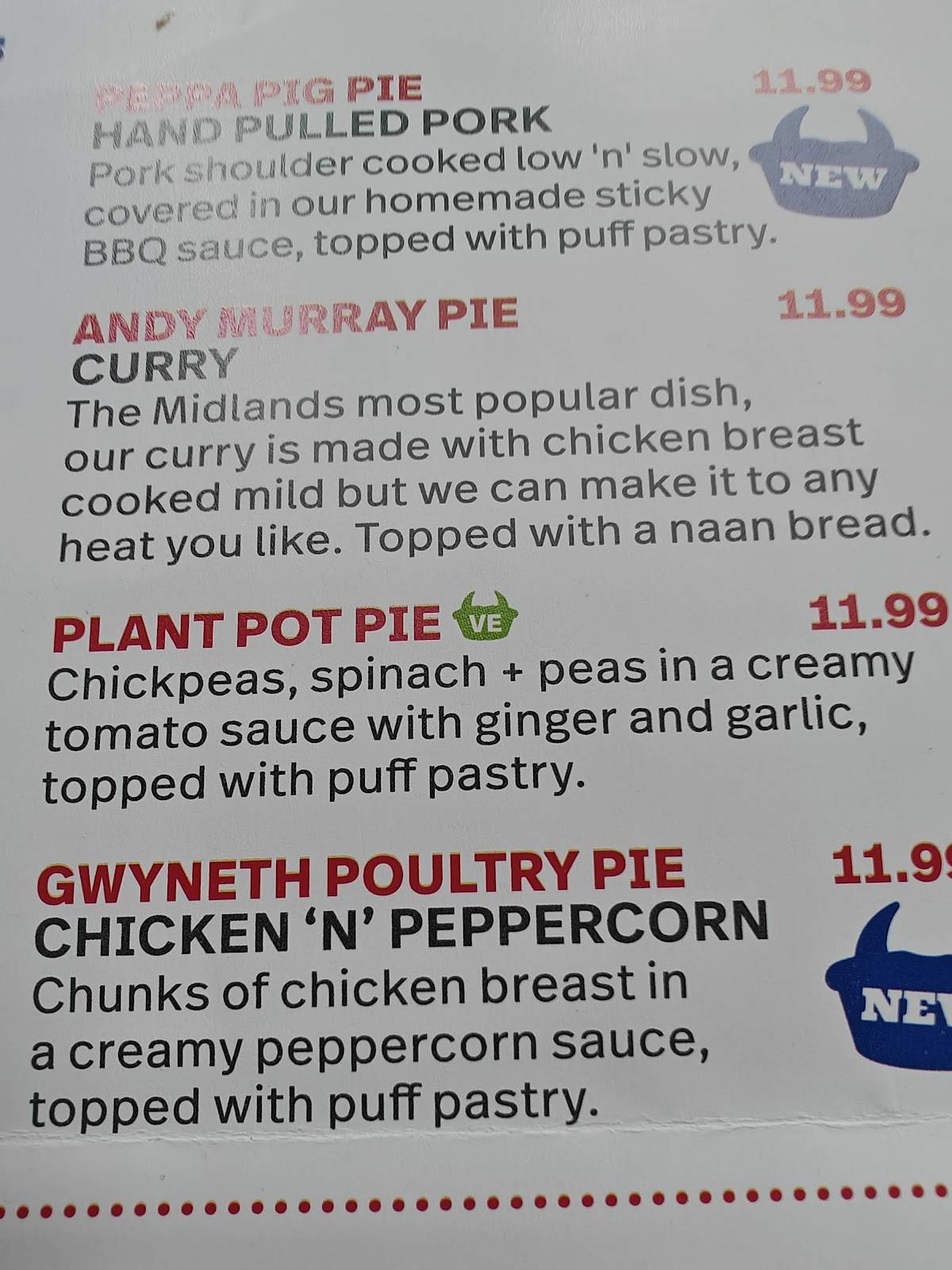 Menu at Mad O'Rourke's Pie Factory pub & bar, Tipton