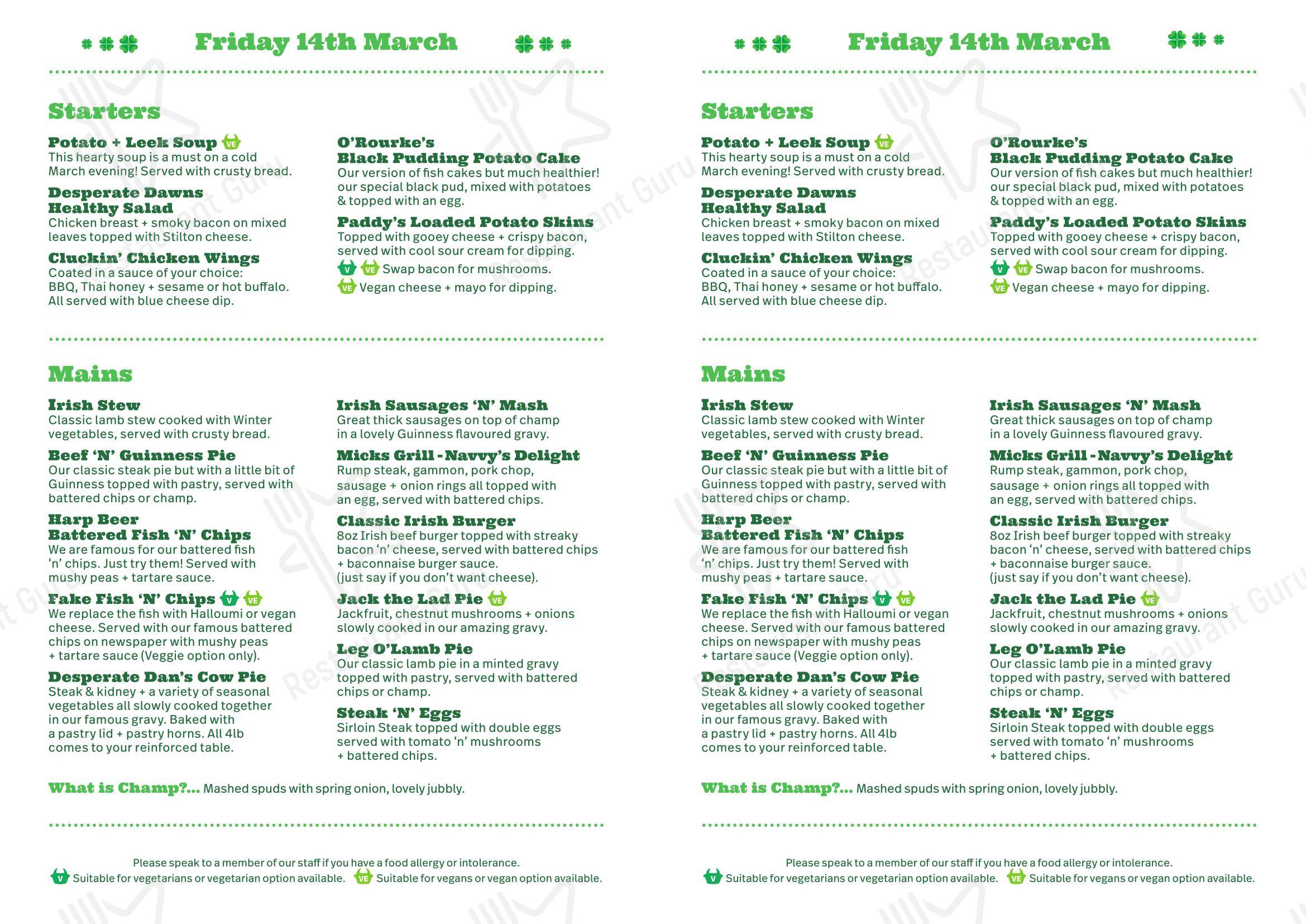 Menu at Mad O'Rourke's Pie Factory pub & bar, Tipton
