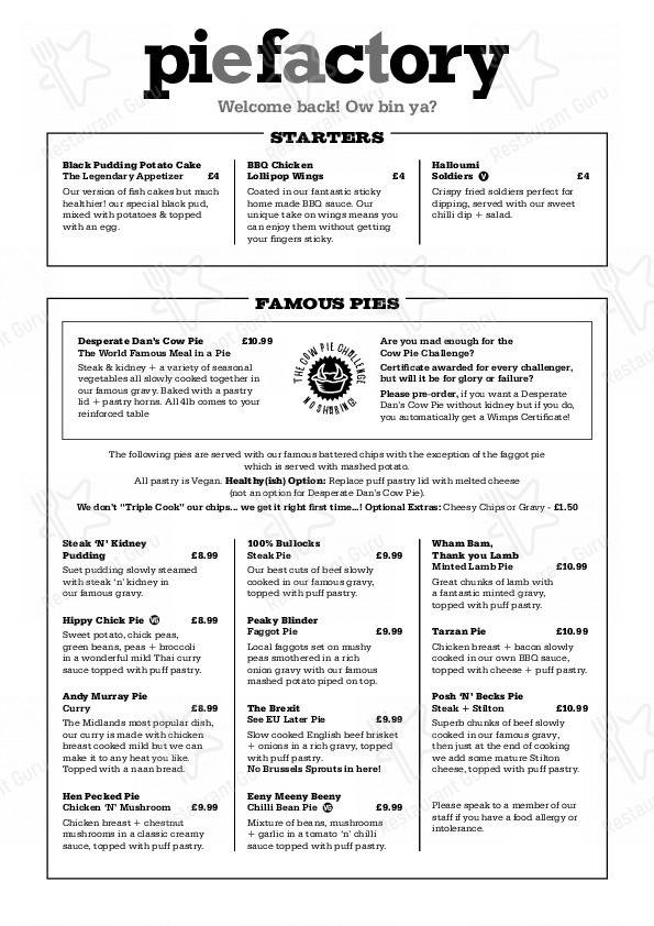 Menu at Mad O'Rourke's Pie Factory pub & bar, Tipton