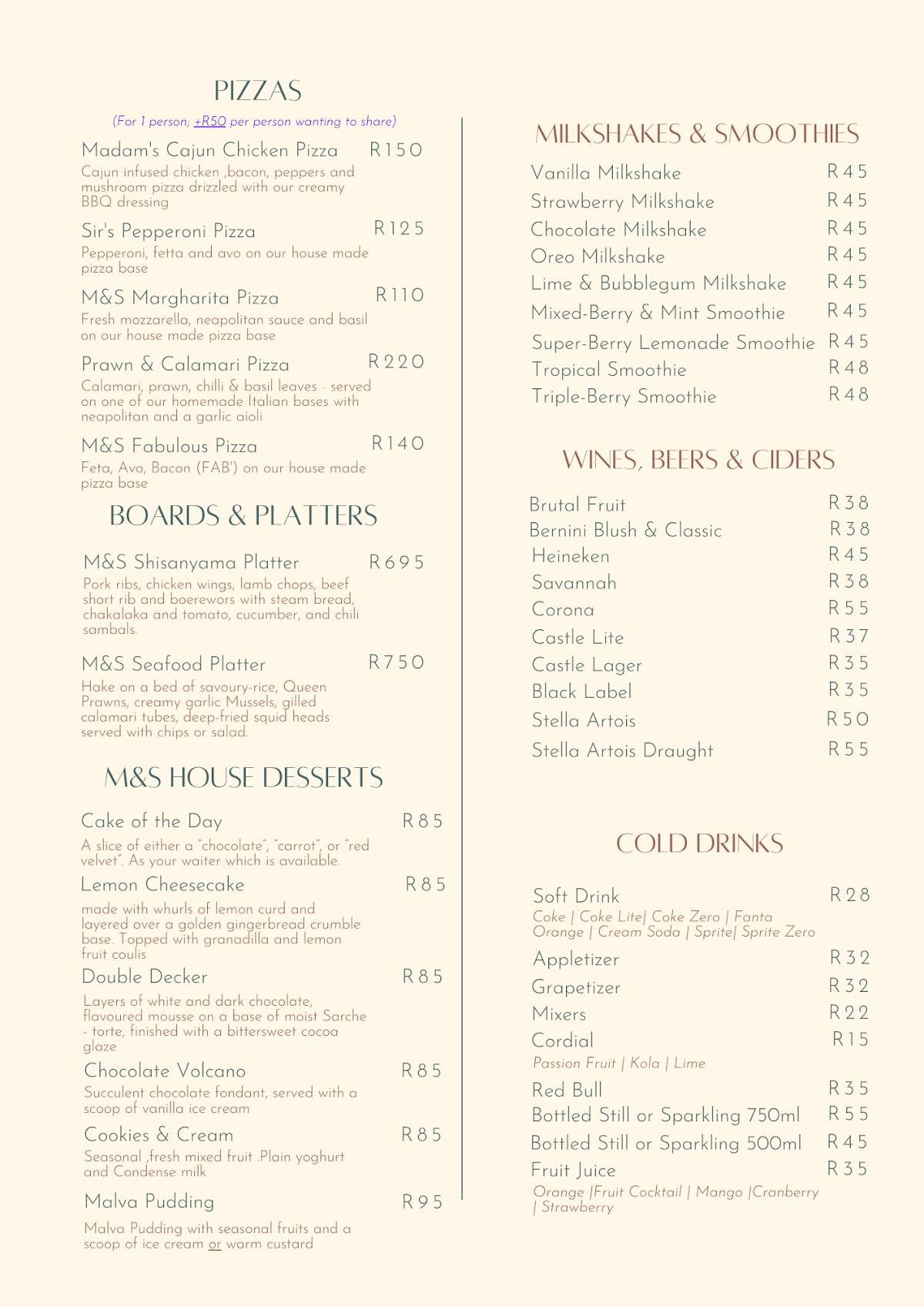 Menu at Madam & Sir Florida Road restaurant, Durban