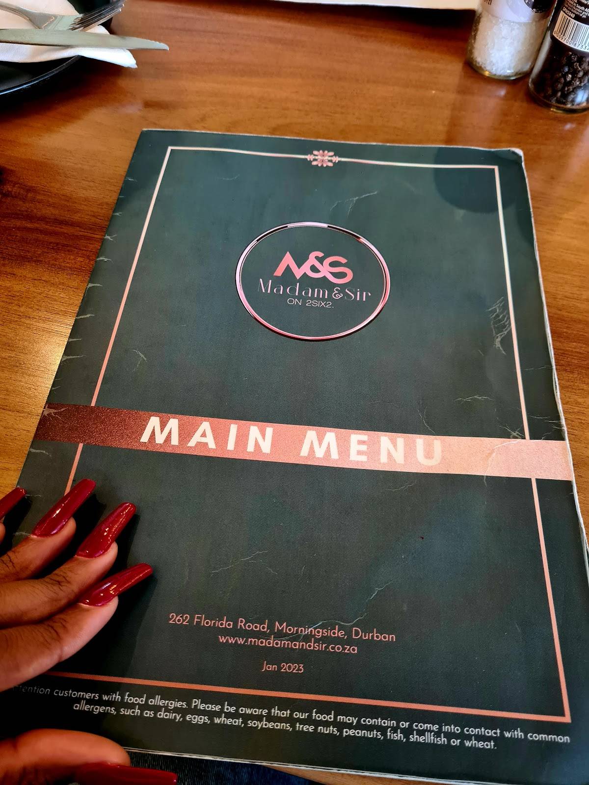 Menu at Madam & Sir Florida Road restaurant, Durban