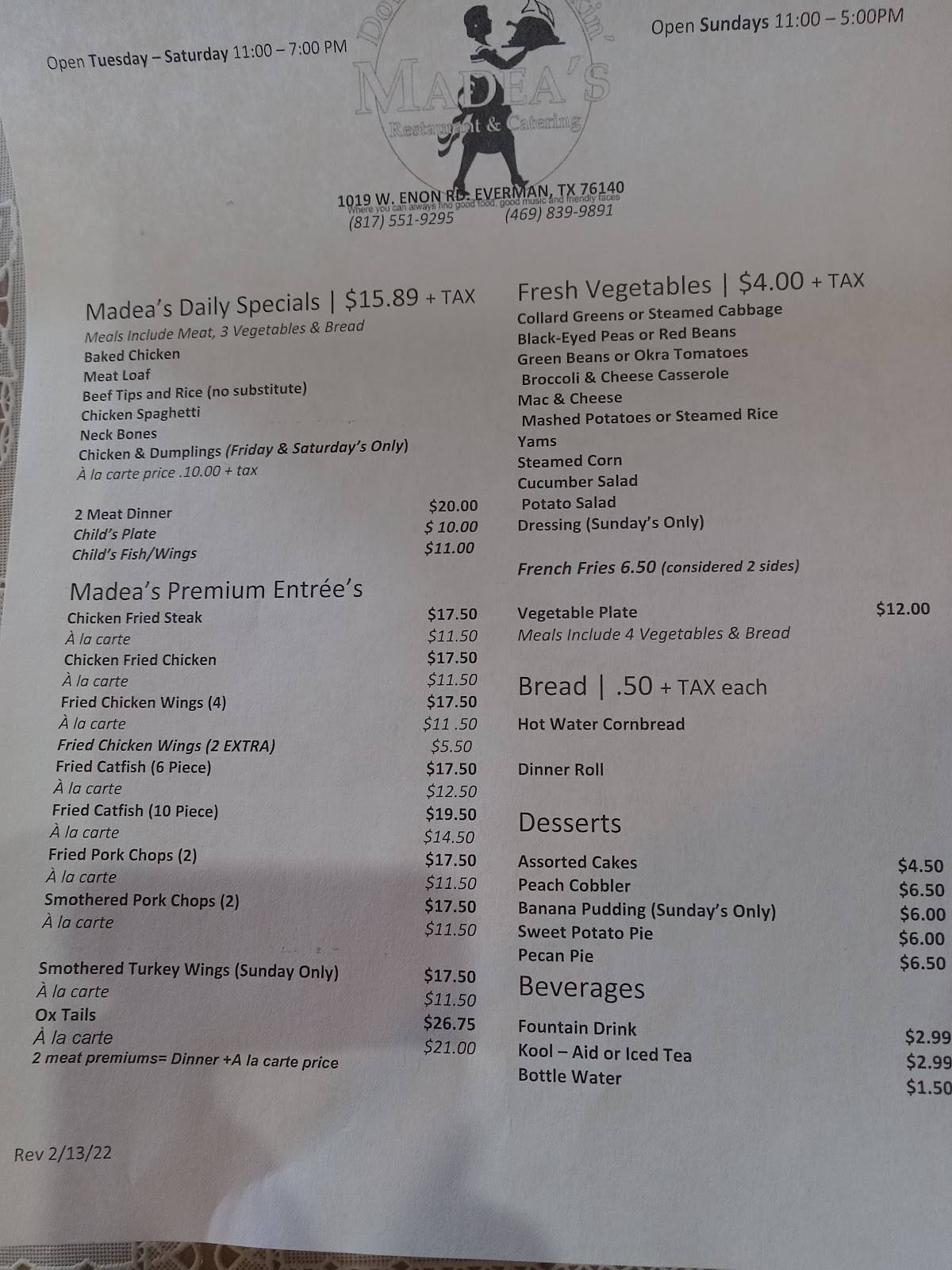Menu at Madea's Down Home Cooking restaurant, Everman