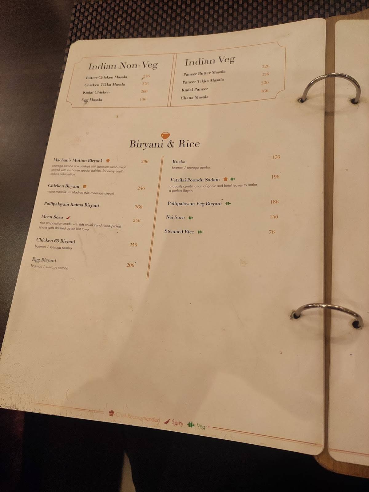 Menu at Madras Machan's, Chennai