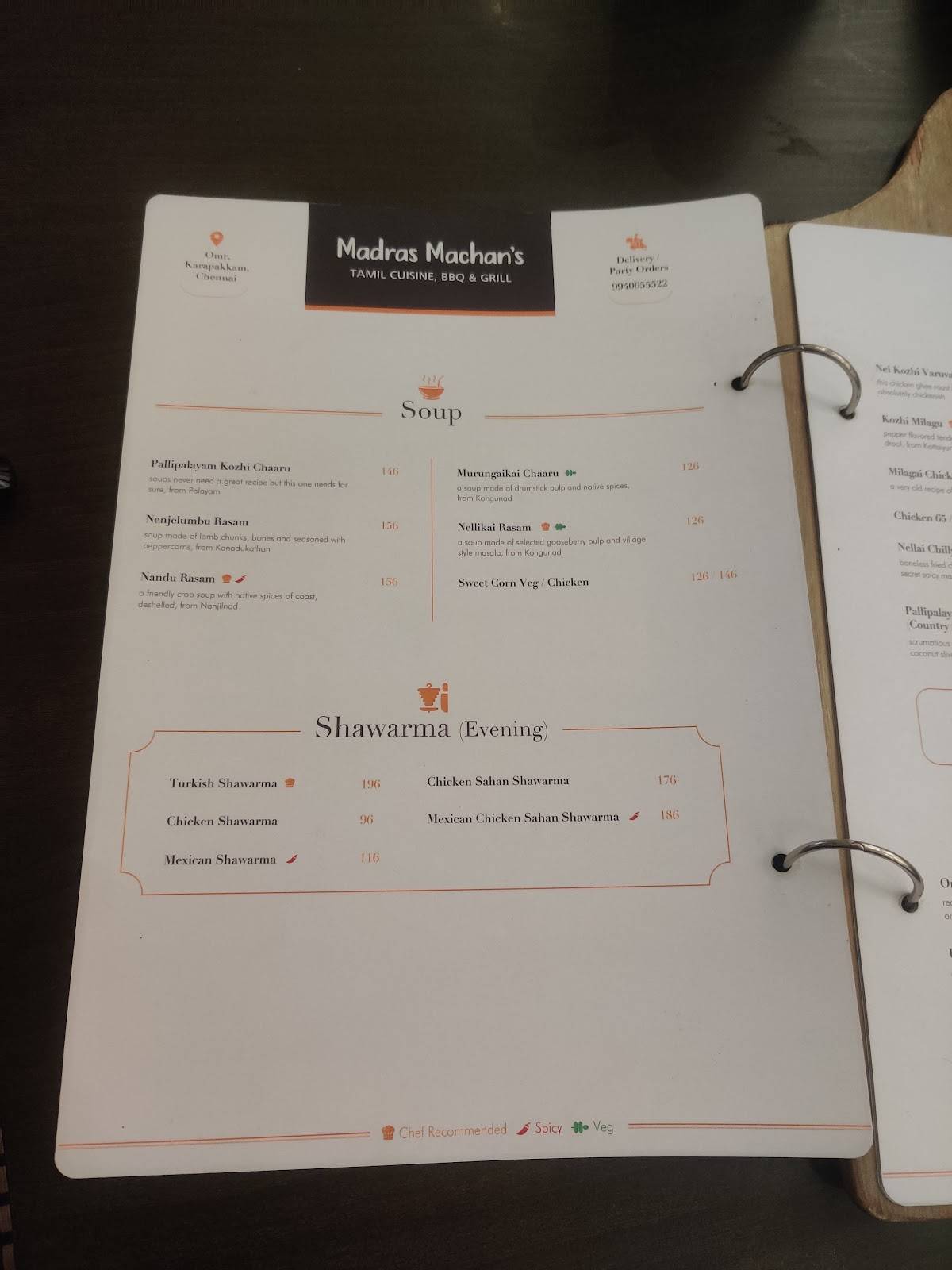 Menu at Madras Machan's, Chennai
