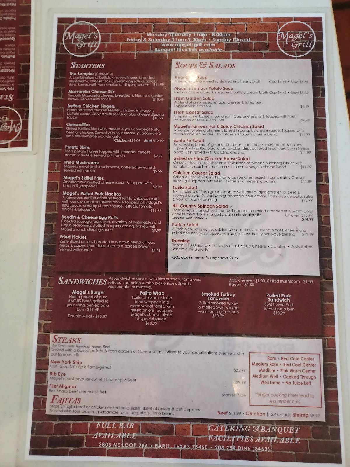 Menu at Magel's Grill steakhouse, Paris