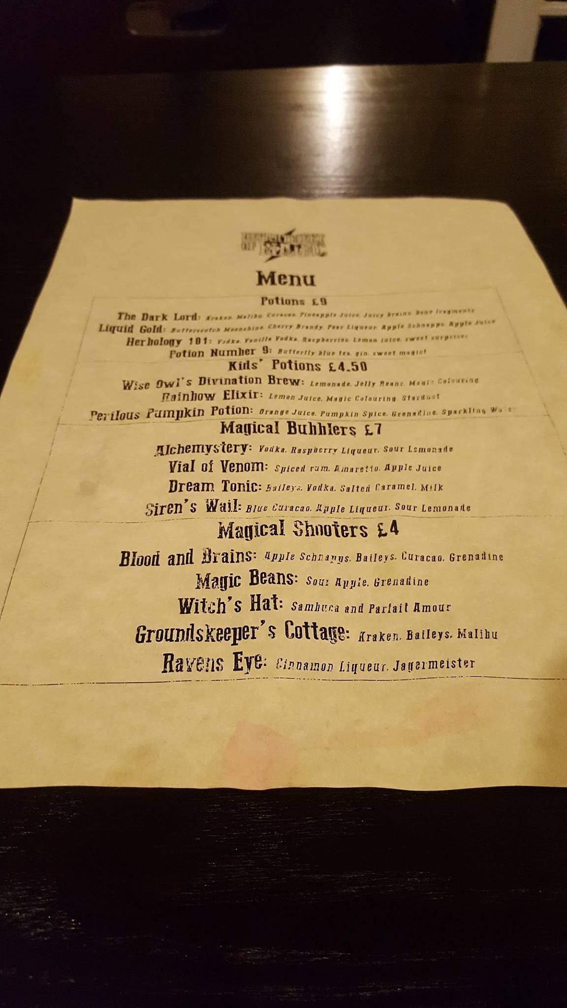 Menu at Magic Potions Tavern pub & bar, Edinburgh