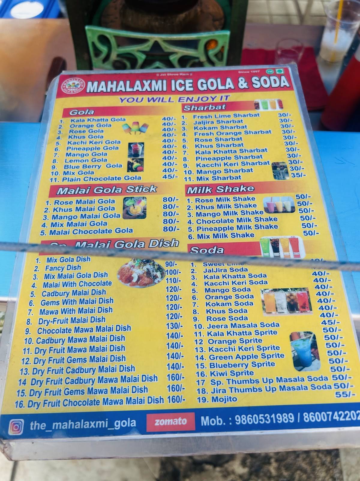 Menu at Mahalaxmi ice gola and soda, Pune