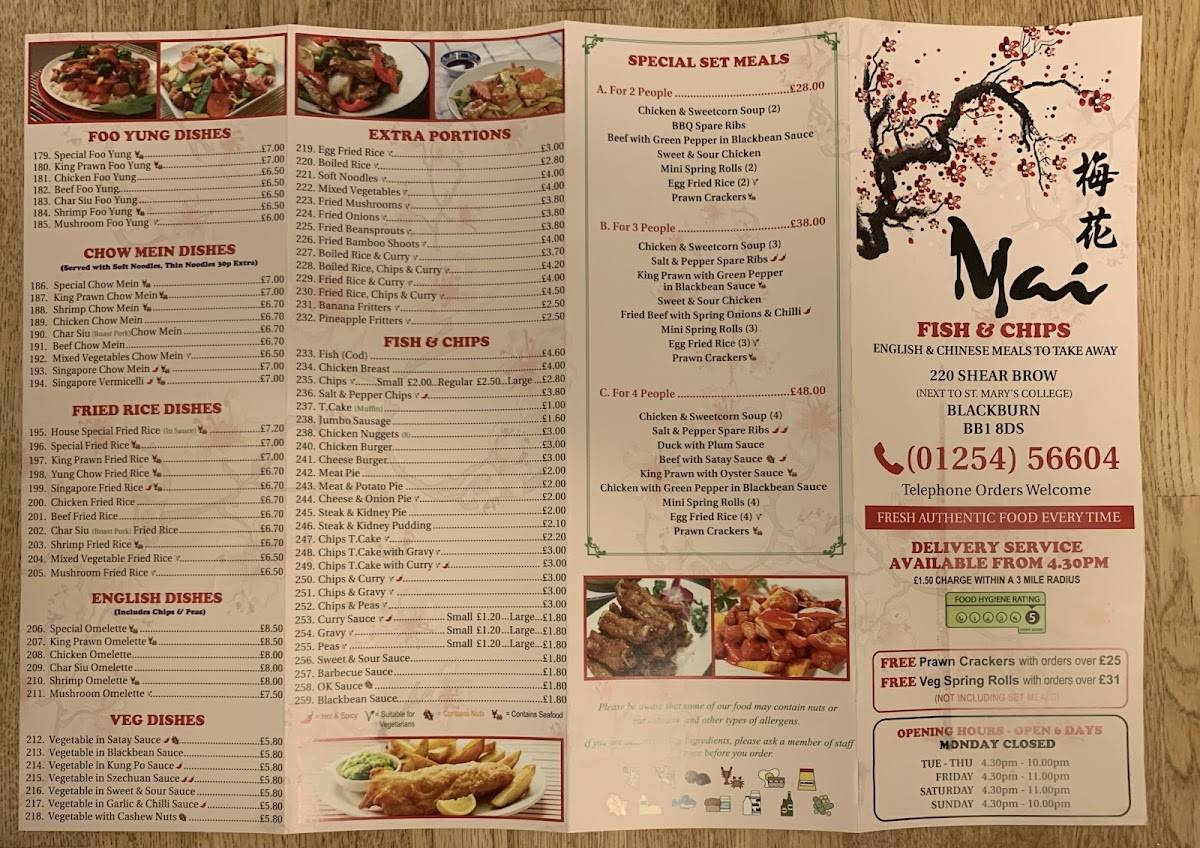Menu at Mai restaurant, Blackburn