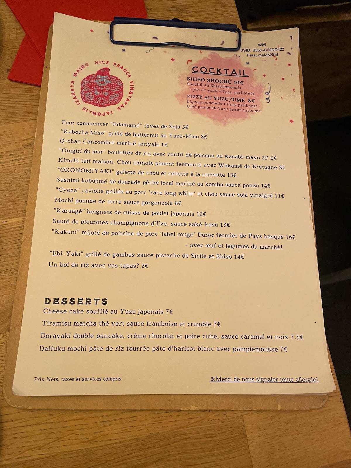 Menu at Maido pub & bar, Nice, 31 Rue Gioffredo