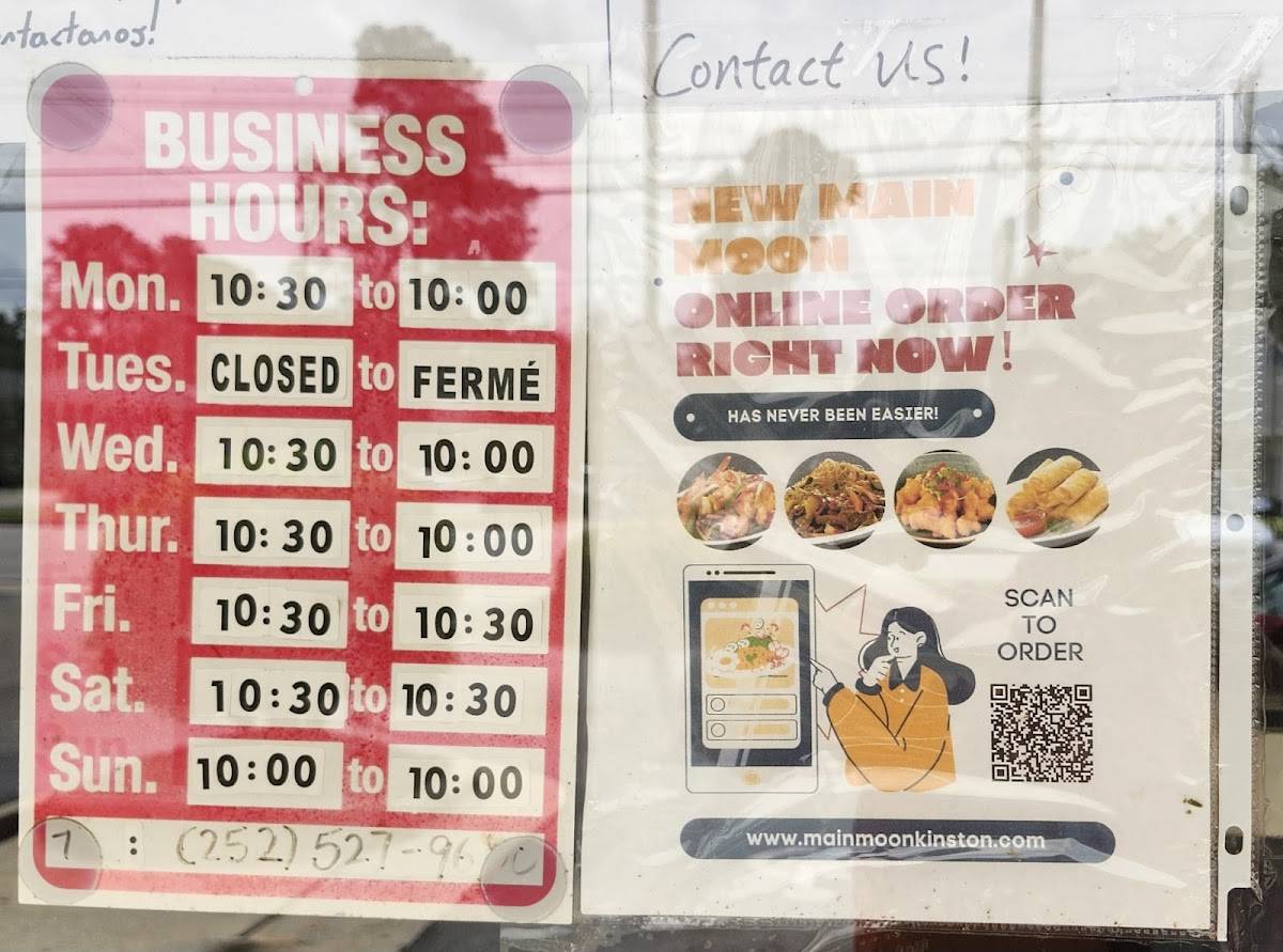 Menu at Main Moon restaurant, Kinston