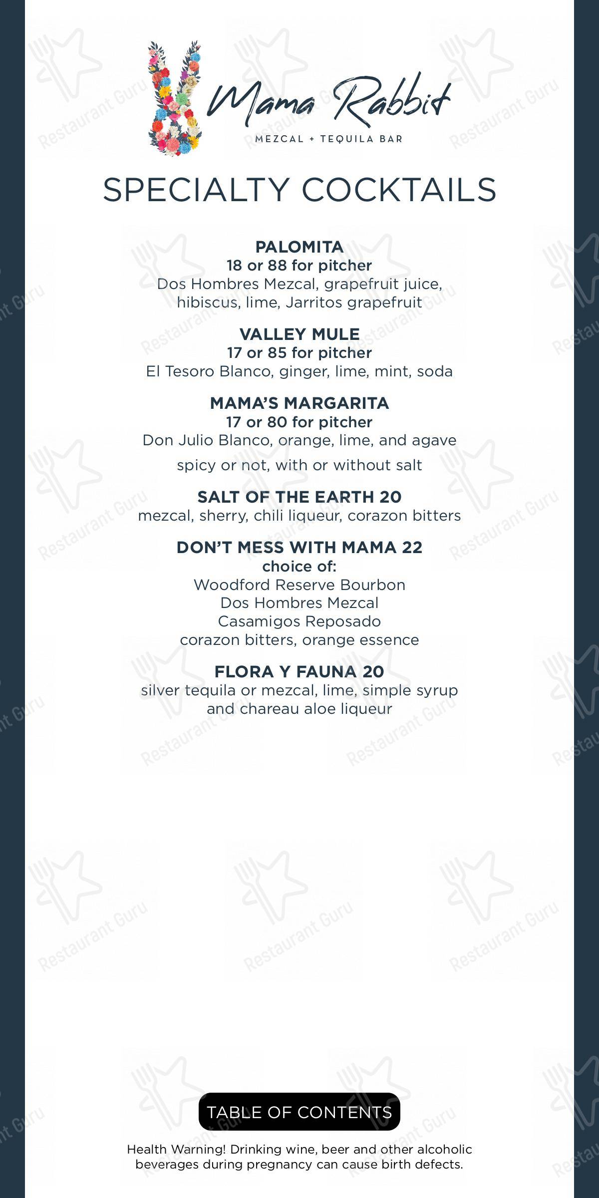 Menu at Mama Rabbit Mezcal + Tequila Bar, Las Vegas