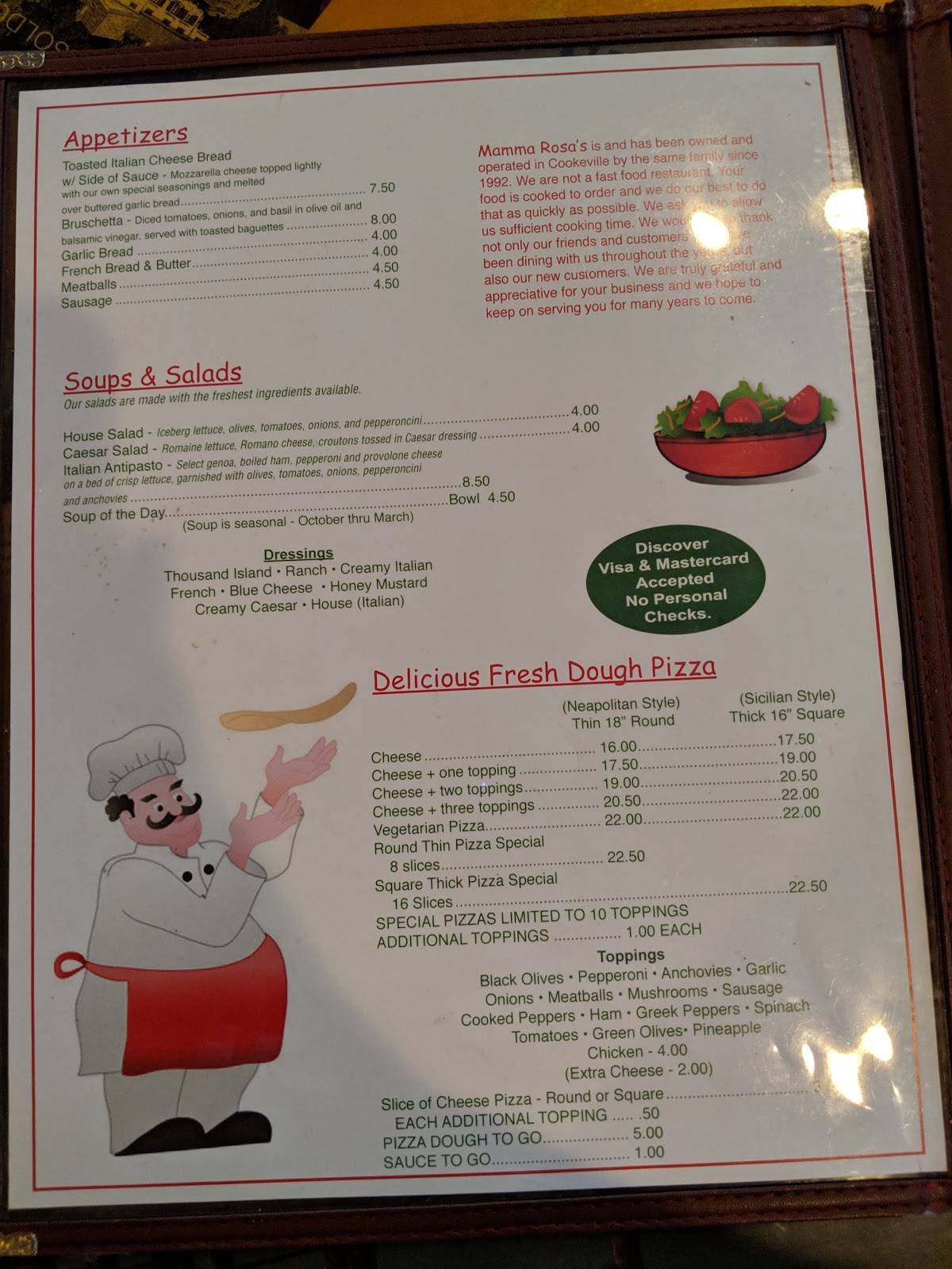 Menu at Mamma Rosa's Italian Restaurant, Cookeville