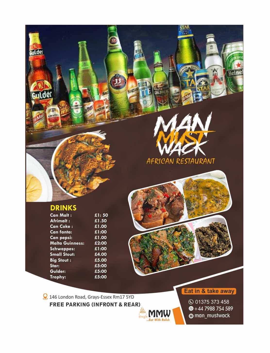 Menu at Man Must Wack African Restaurant, Grays