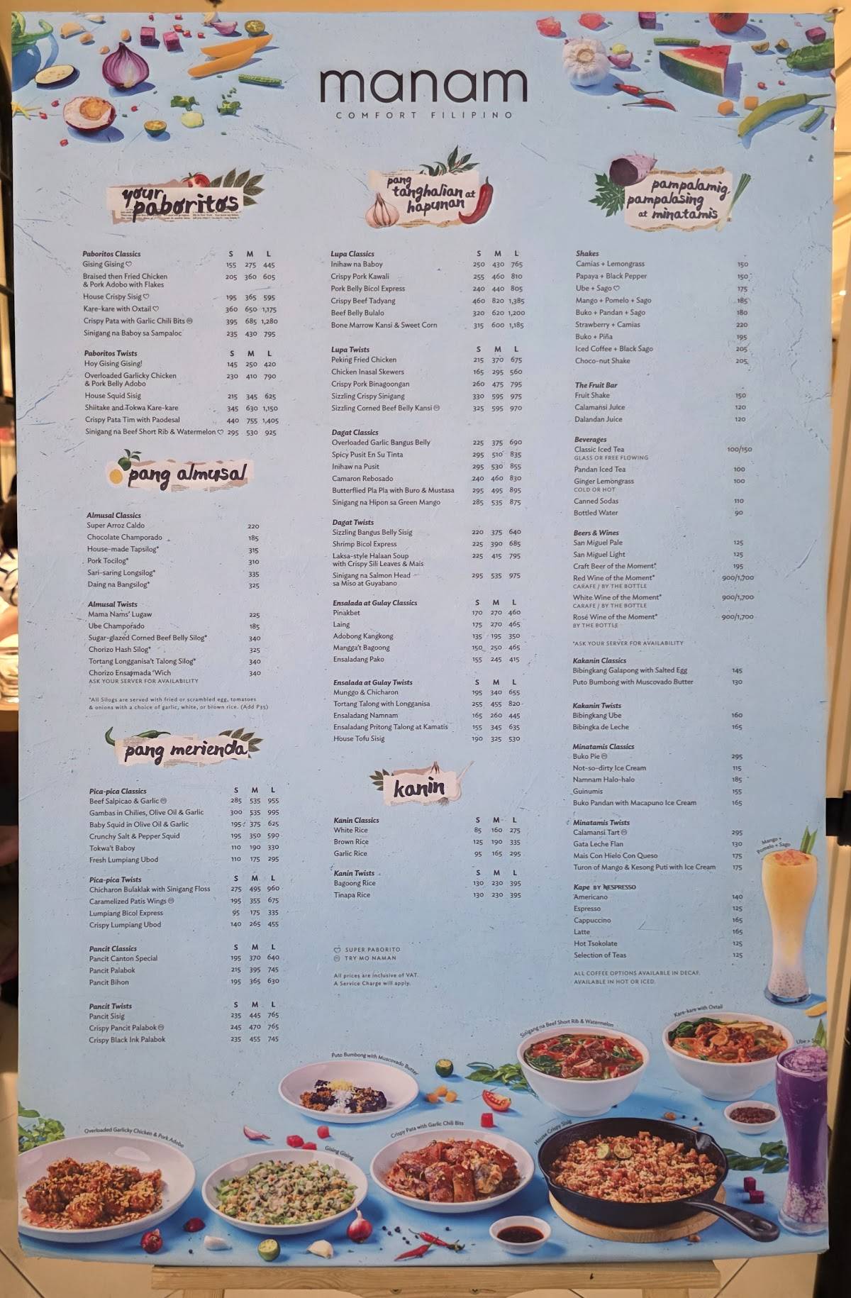 Carta de Manam Café, Muntinlupa, Molito Complex Madrigal Ave