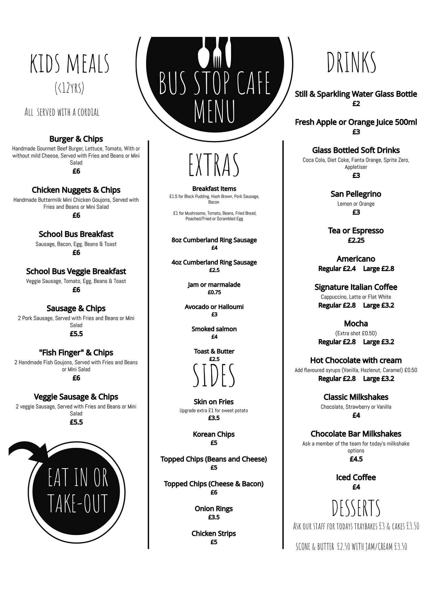 Menu at Bus Stop Cafe, Manchester