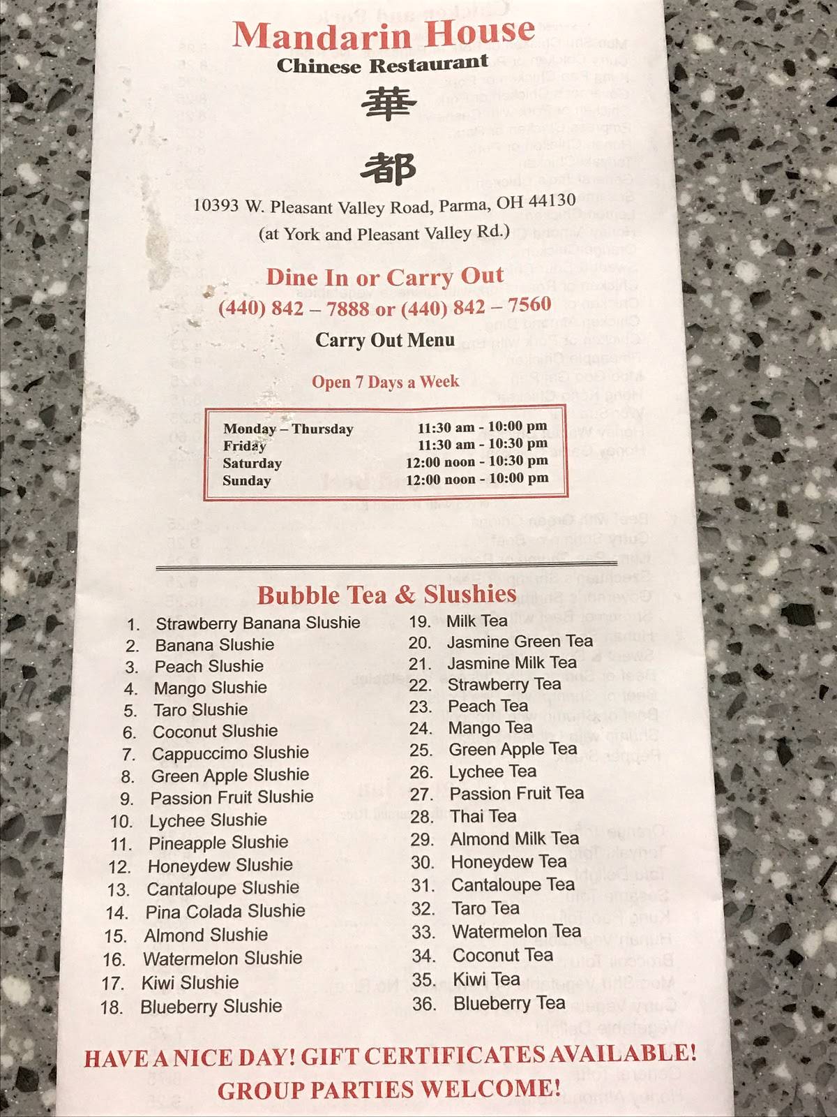 Menu at Mandarin House Chinese Restaurant, Cleveland