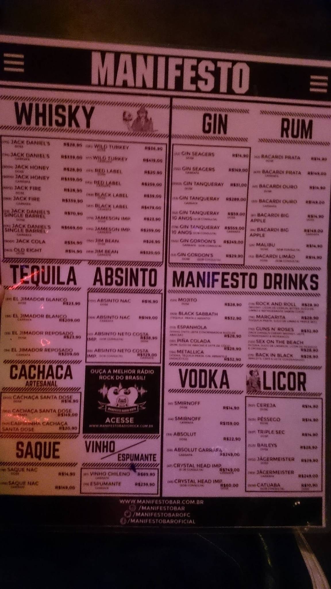 Menu em Manifesto Bar, São Paulo
