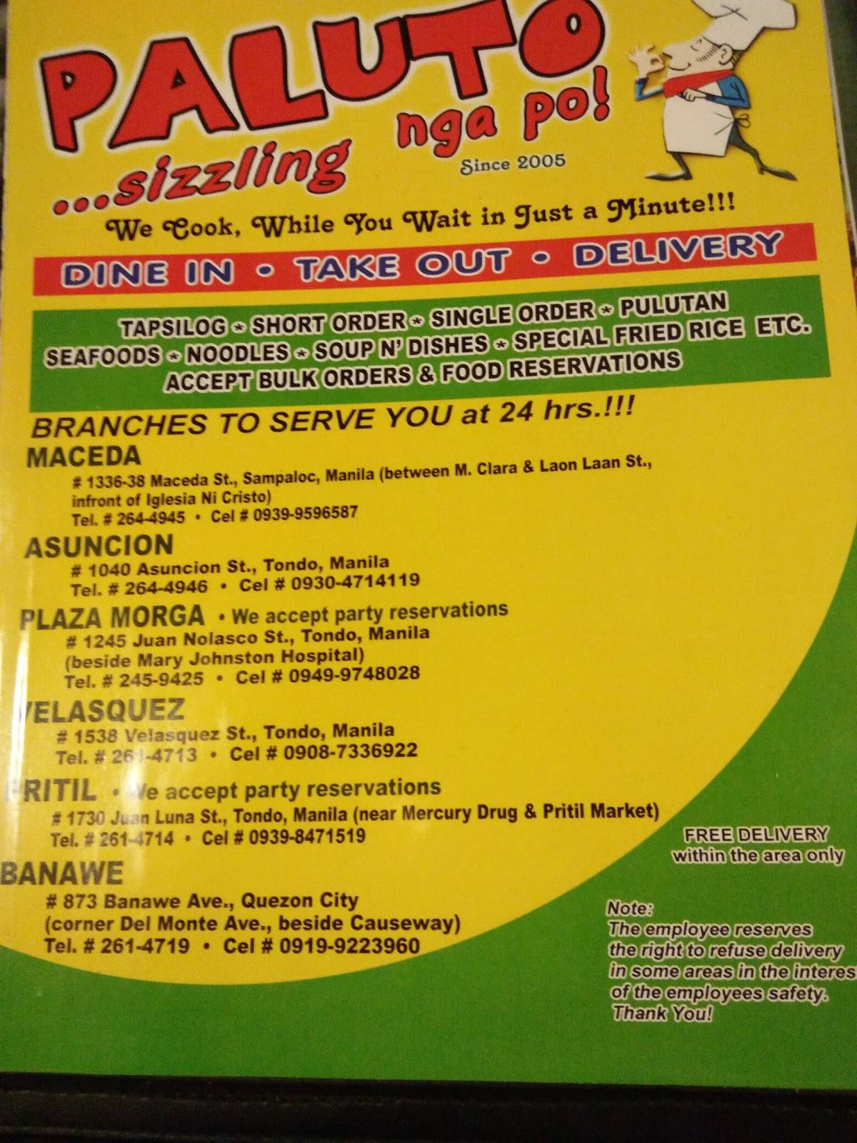 Menu at Paluto Sizzling Nga Po restaurant, Manila, Maceda St