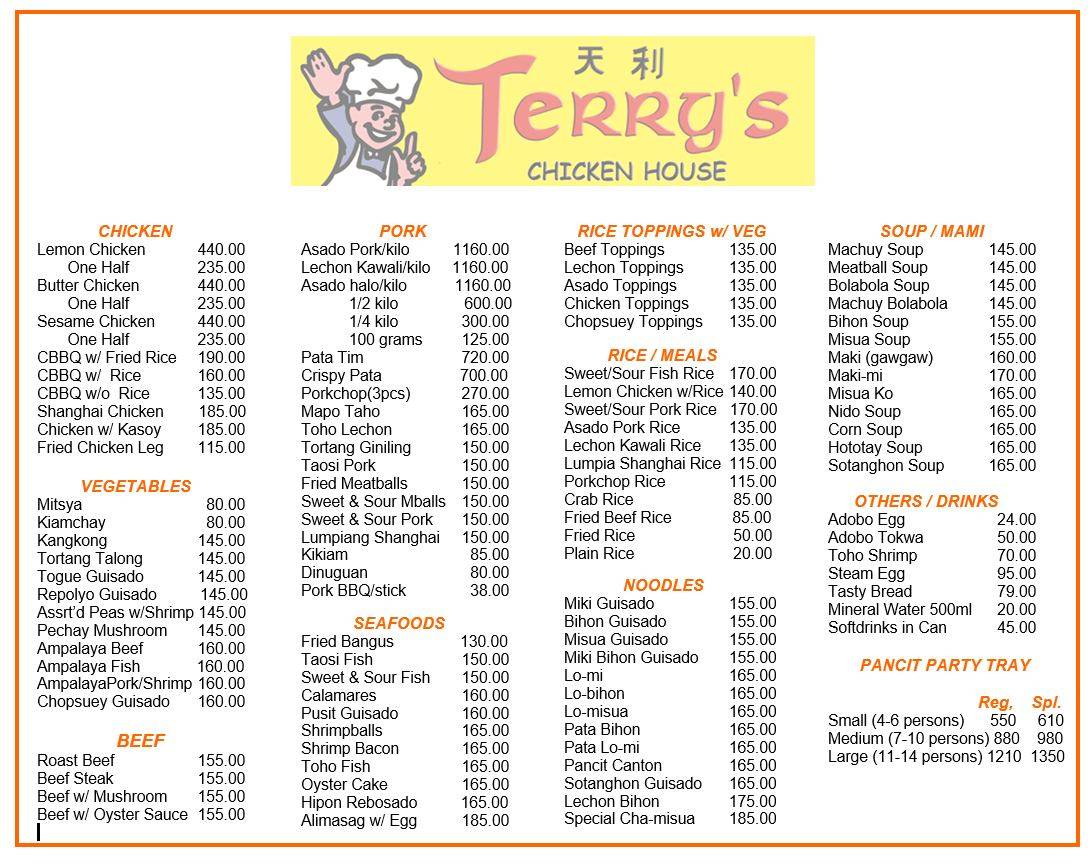 Menu at Terry's Chicken House restaurant, Manila, Bambang St