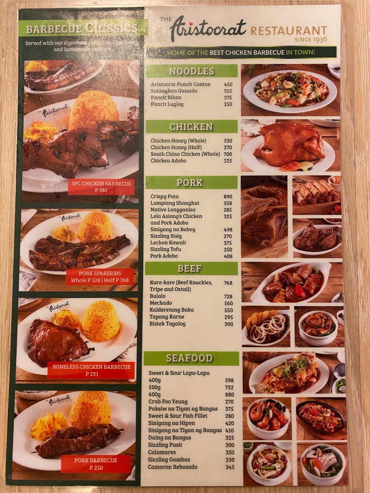 Menu at The Aristocrat Restaurant, Manila, 1004 San Andres St