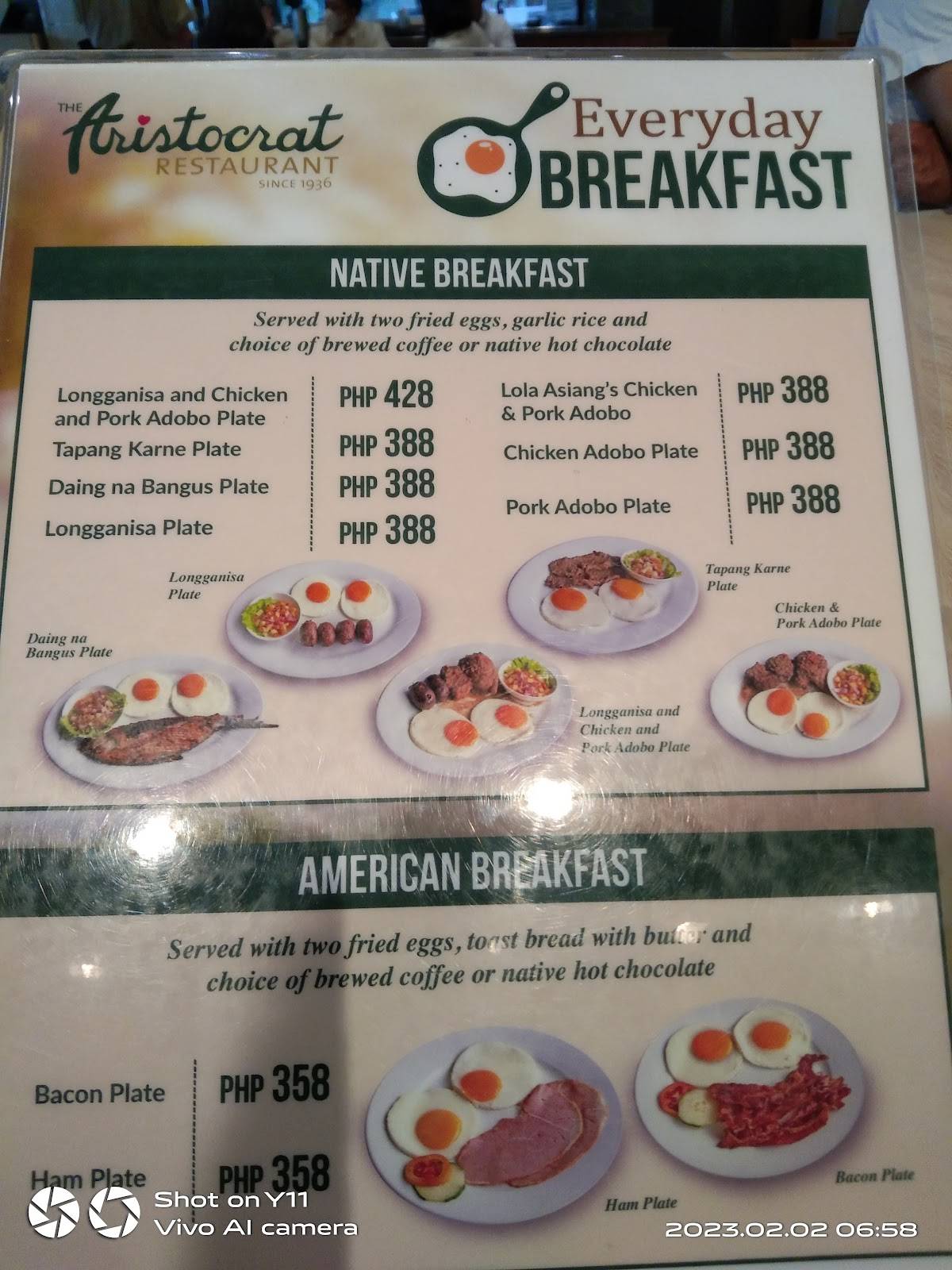Menu at The Aristocrat Restaurant, Manila, 1004 San Andres St