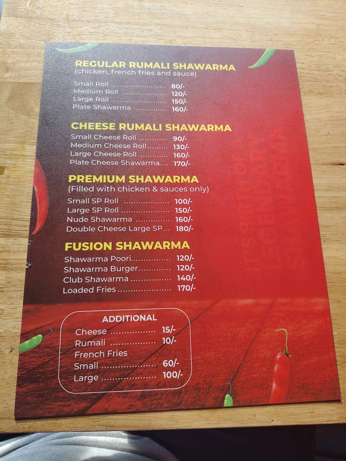 Menu at Shawarma Fusion, Manjeri