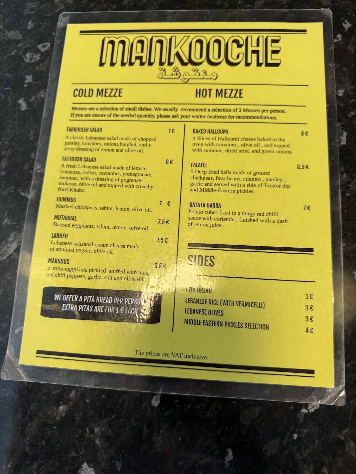 Menu at Mankooche restaurant, Lisbon
