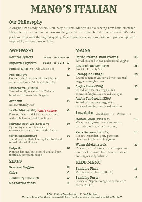 Menu at Mano's Italian Restaurant, Paradise Point