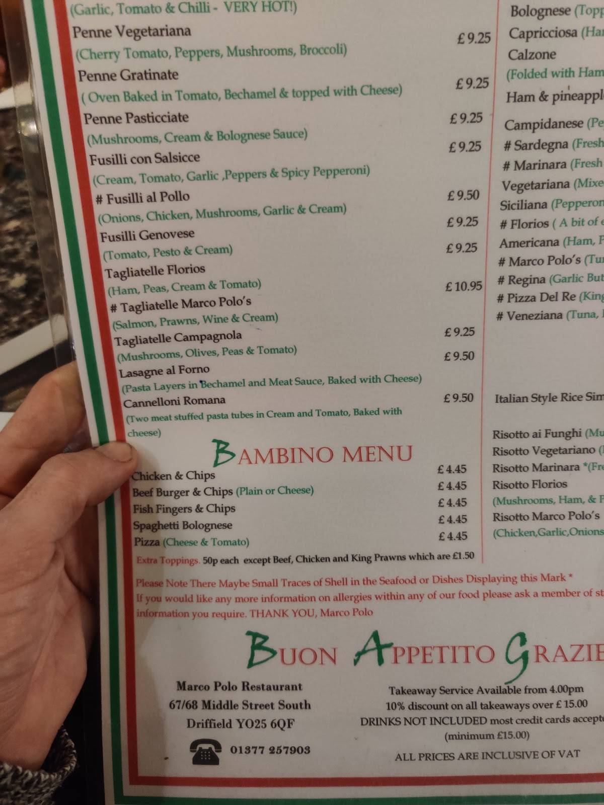 Menu at Marco Polo Pizzeria, Driffield