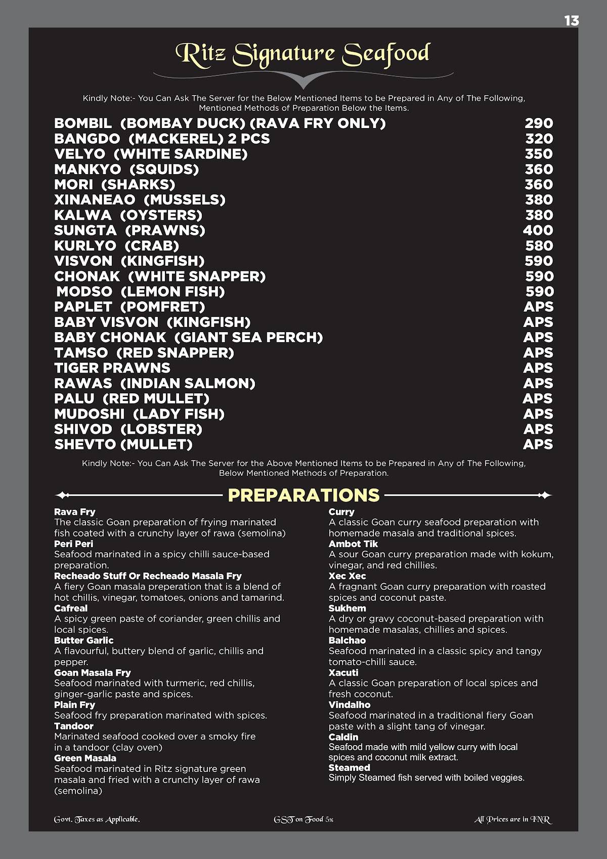 Menu at Ritz Classic Margao, Margao