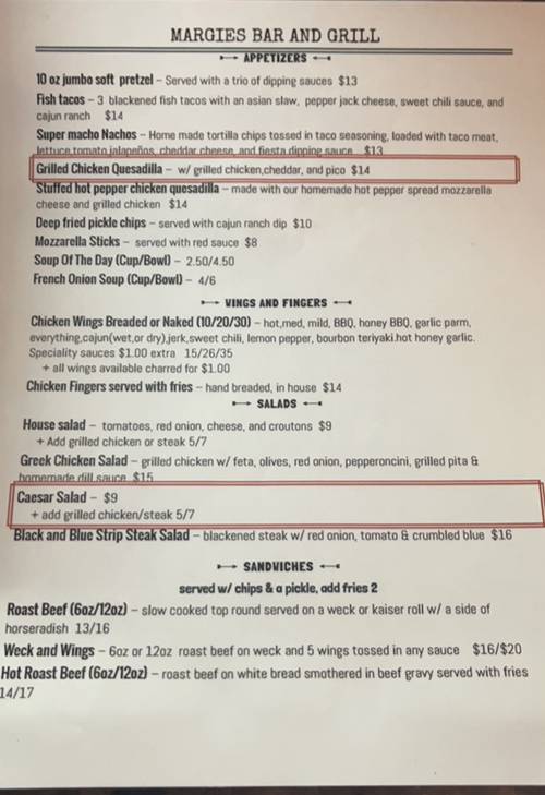 Menu at Margie's Bar and Grill, Depew