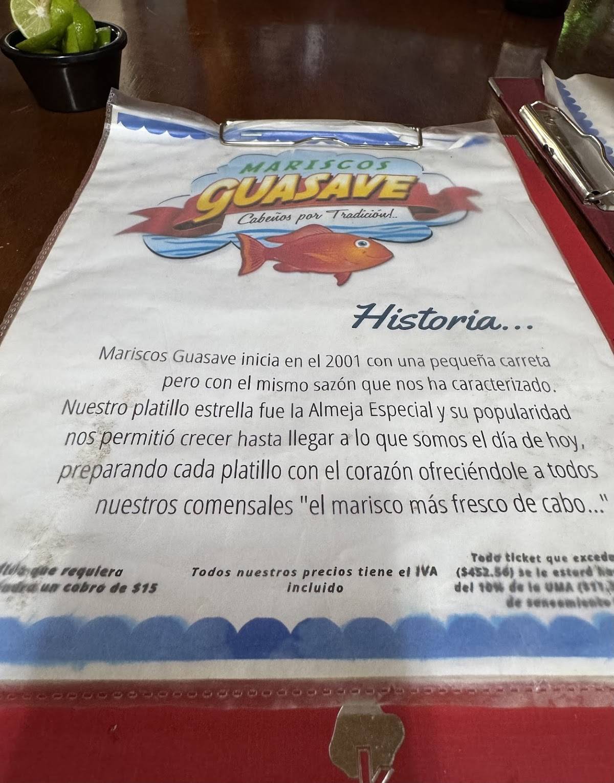 Carta del restaurante Mariscos Guasave, Cabo San Lucas
