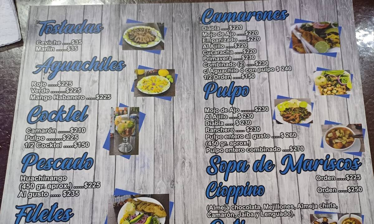 Carta del restaurante Mariscos el mundo del marco, Acatlán del Juárez