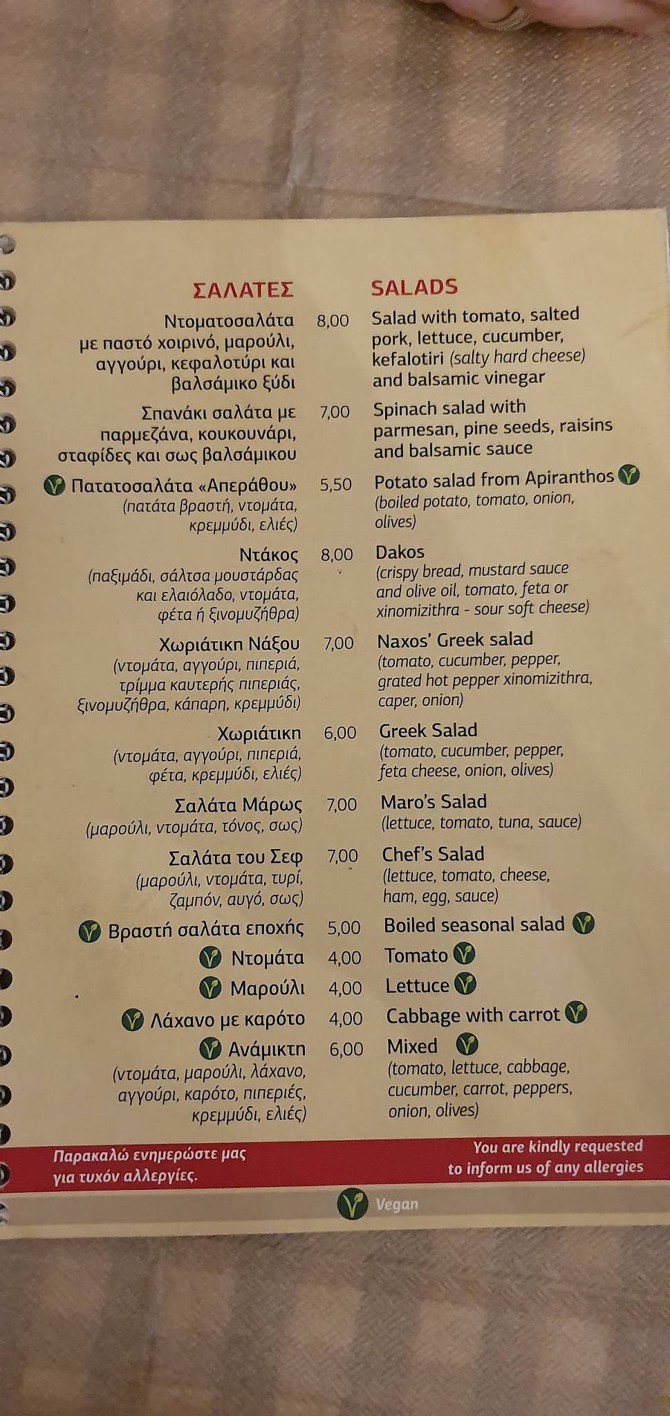 Menu at Maro's taverna, Naxos