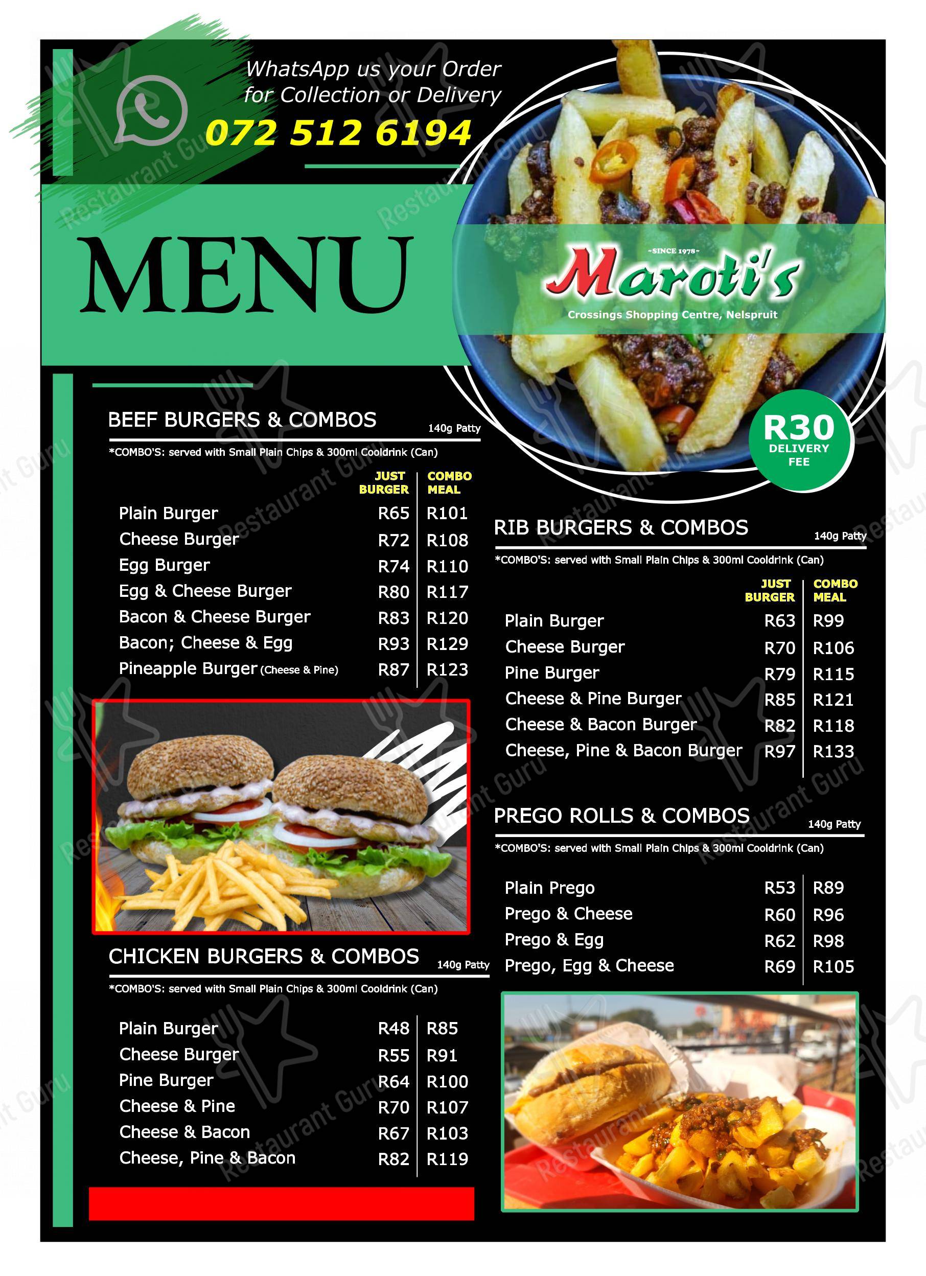 Menu at Maroti's restaurant, Nelspruit, Crossings Centre